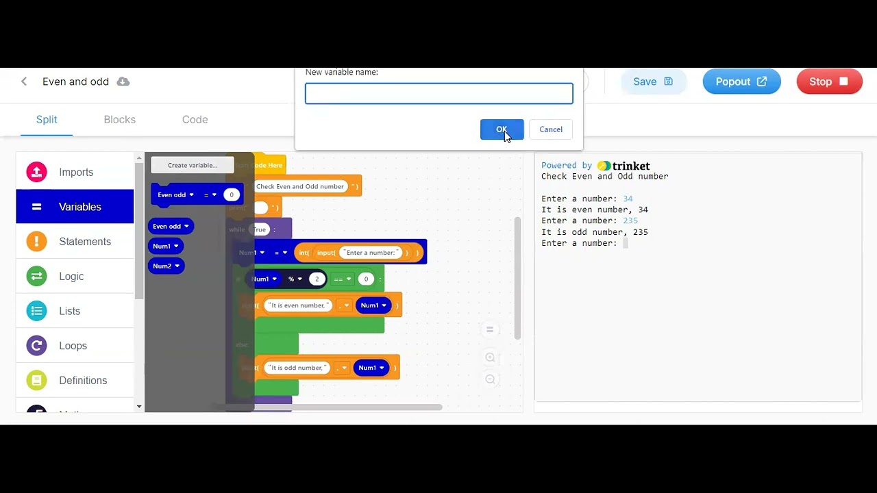 Even and odd number in edublocks python