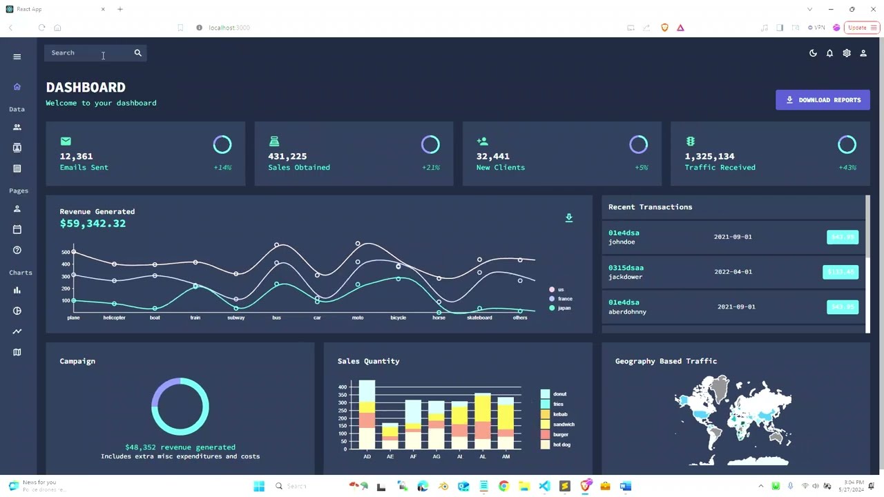 React App Admin Dashboard Example with Github Tutorial Code